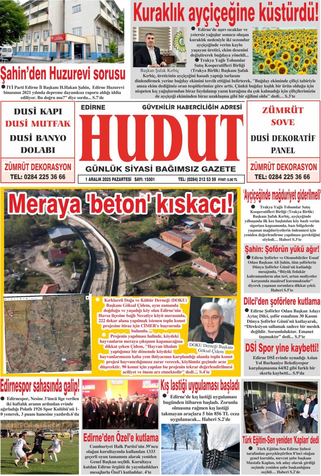 1 Aralık 2025 Pazartesi Hudut Gazetesi – Hudut Gazetesi