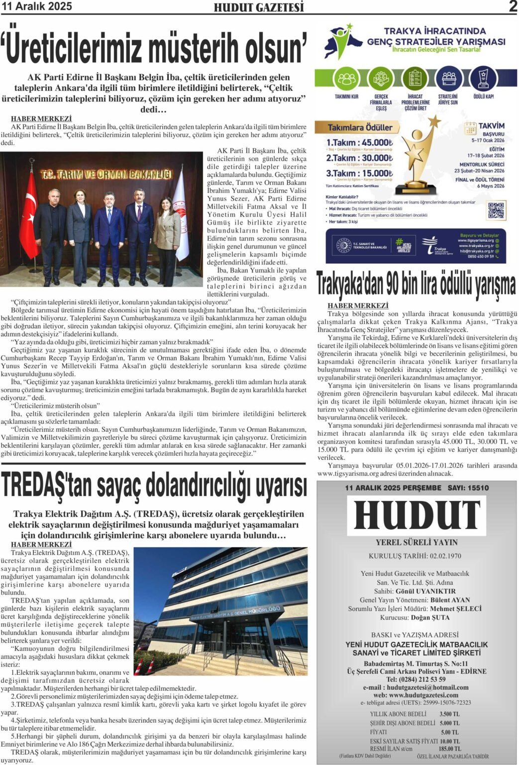 11 Aralık 2025 Perşembe Hudut Gazetesi – Hudut Gazetesi