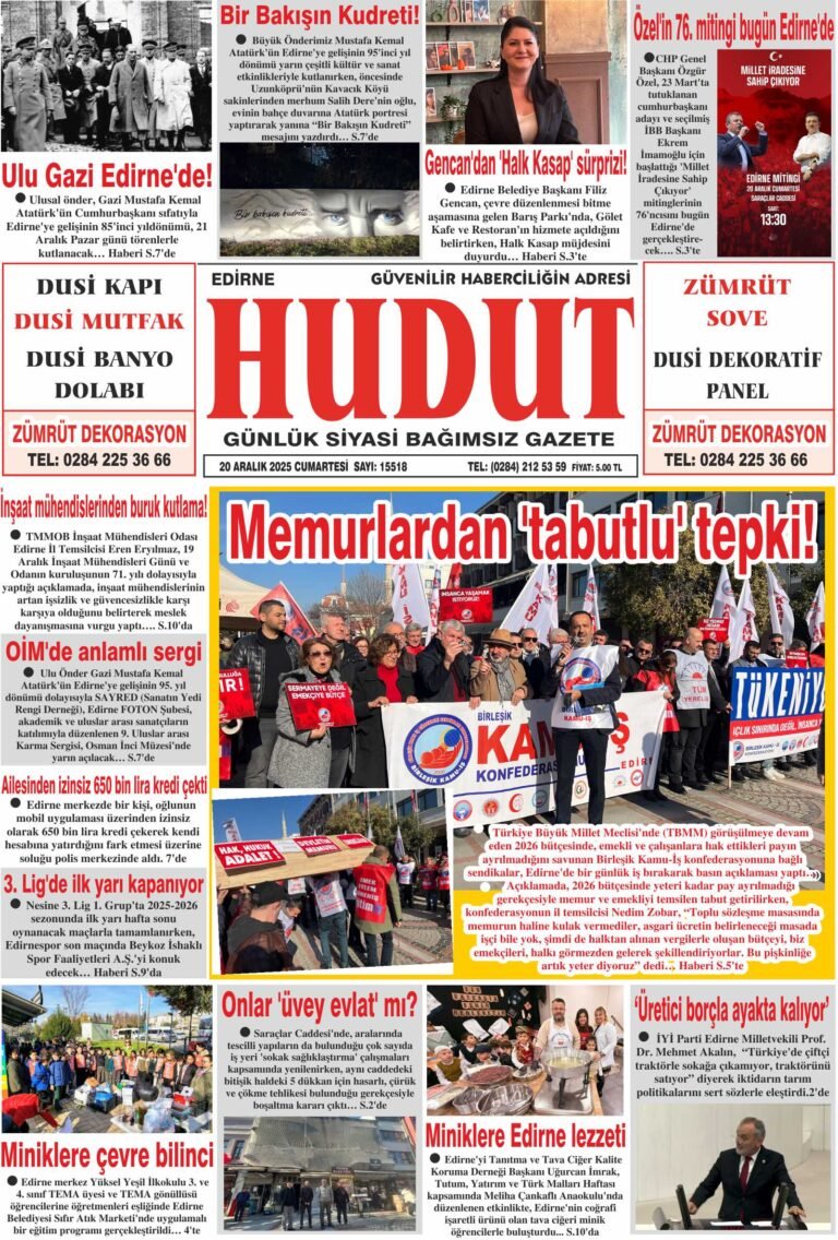 20 Aralık 2025 Cumartesi Hudut Gazetesi – Hudut Gazetesi